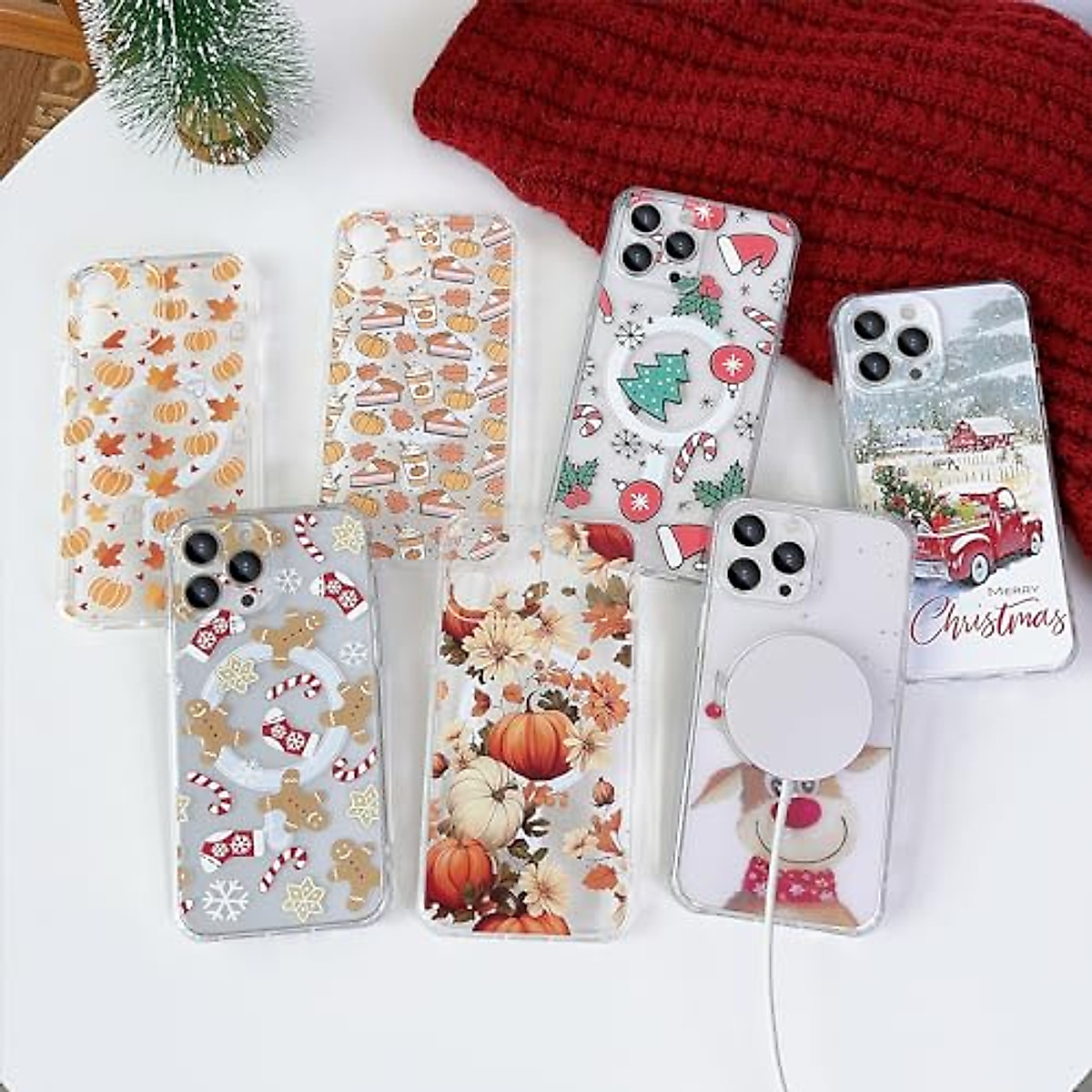 Skyseaco for iPhone 13 Pro Max Case Compatible with MagSafe, Christmas Candy Elk Christmas Tree Pattern, Full Camera Lens Protective Soft and Hard PC Shockproof Case - Christmas Style 01 / Clear