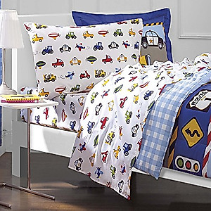 dream FACTORY Trucks Tractors Cars Boys 5-Piece Bedding Comforter Sheet Set, Twin Blue Red Multi