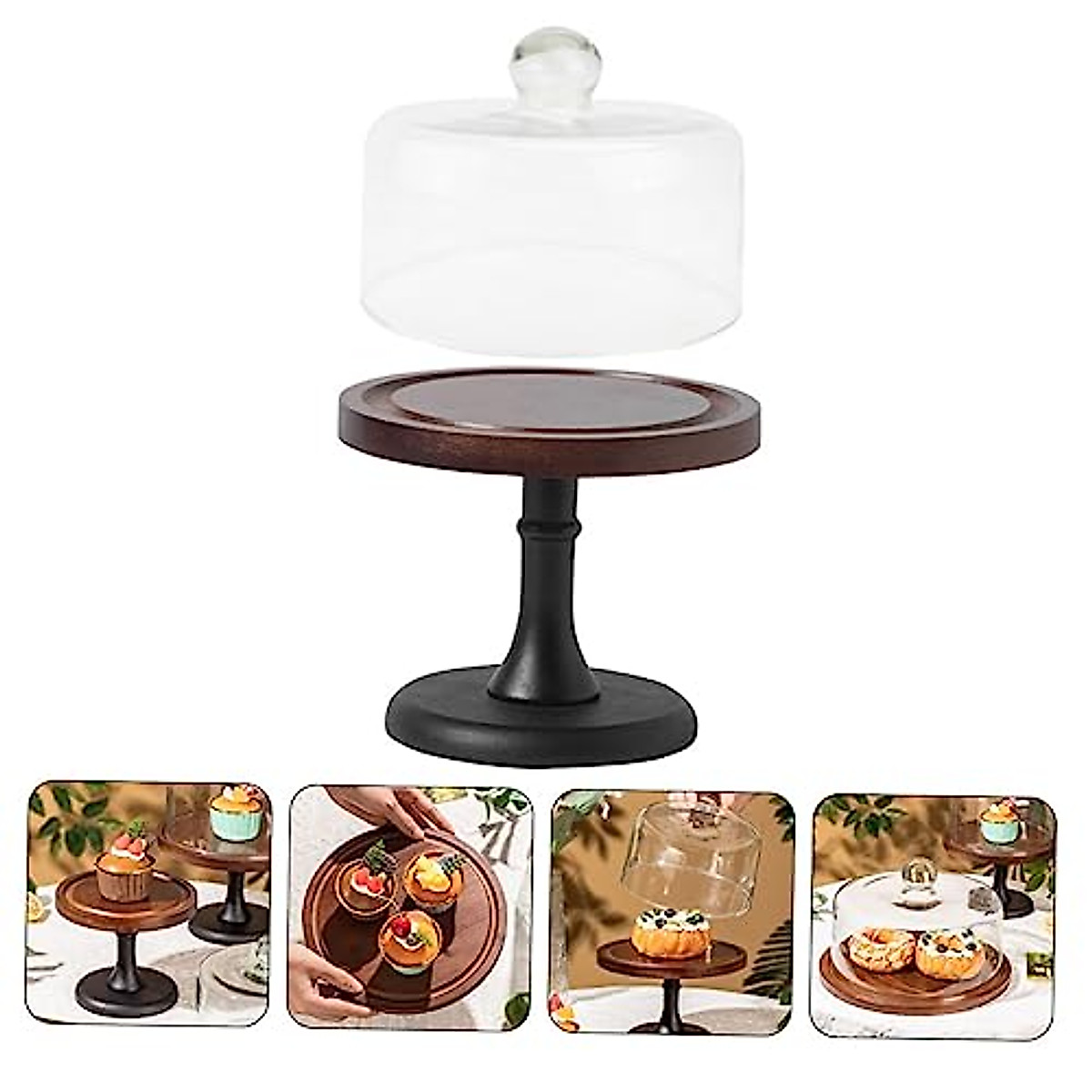 Happyyami 1 Set Wooden Serving Trays Wood Cake Stand Cake Stand with Dome Cake Tray Cake Plate with Lid Wedding Cake Stand Cake Display Cake Stands for Party Fruit Tray Glass Pastry