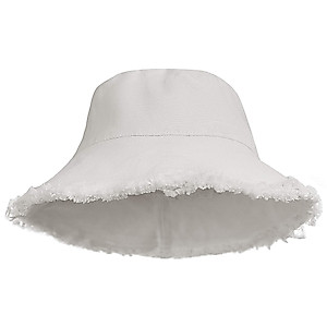 Womens Bucket-Hat Distressed Sun-Protection Washed-Cotton - Summer Wide Brim Beach Cap(7 1/8 Size) (White 01)