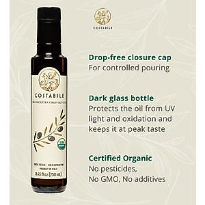 Extra Virgin Olive Oil Cold Pressed Organic. High polyphenol olive oil from Puglia Italy. Fresh harvest from a single estate - COSTABILE Classic Blend 8.45 Fl. Oz.