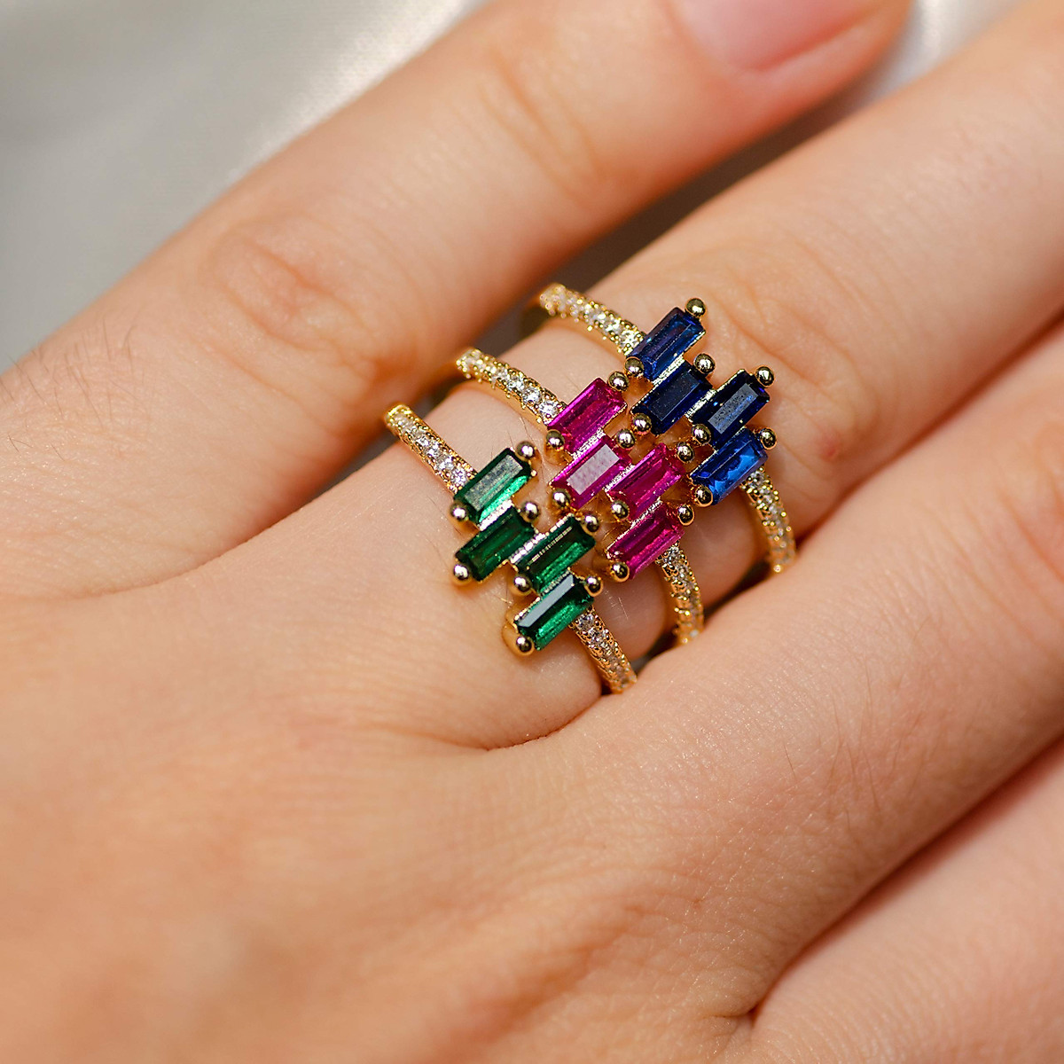 LAVLA 14k Gold Plated Baguette Green/Blue/Red Cubic Zirconia Half Eternity Stackable Ring | 1.5mm Thin Minimalist Simulated Diamond Band for Women (Green, 6)