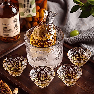 WINIAER Glass Sake Set, Clear Glass Sake Bottle Set Including 1 Warming Mug, 1 Sake Pot, 4 Sake Cups, Sake Set Hot Sake or Iced Sake for Sake Lovers