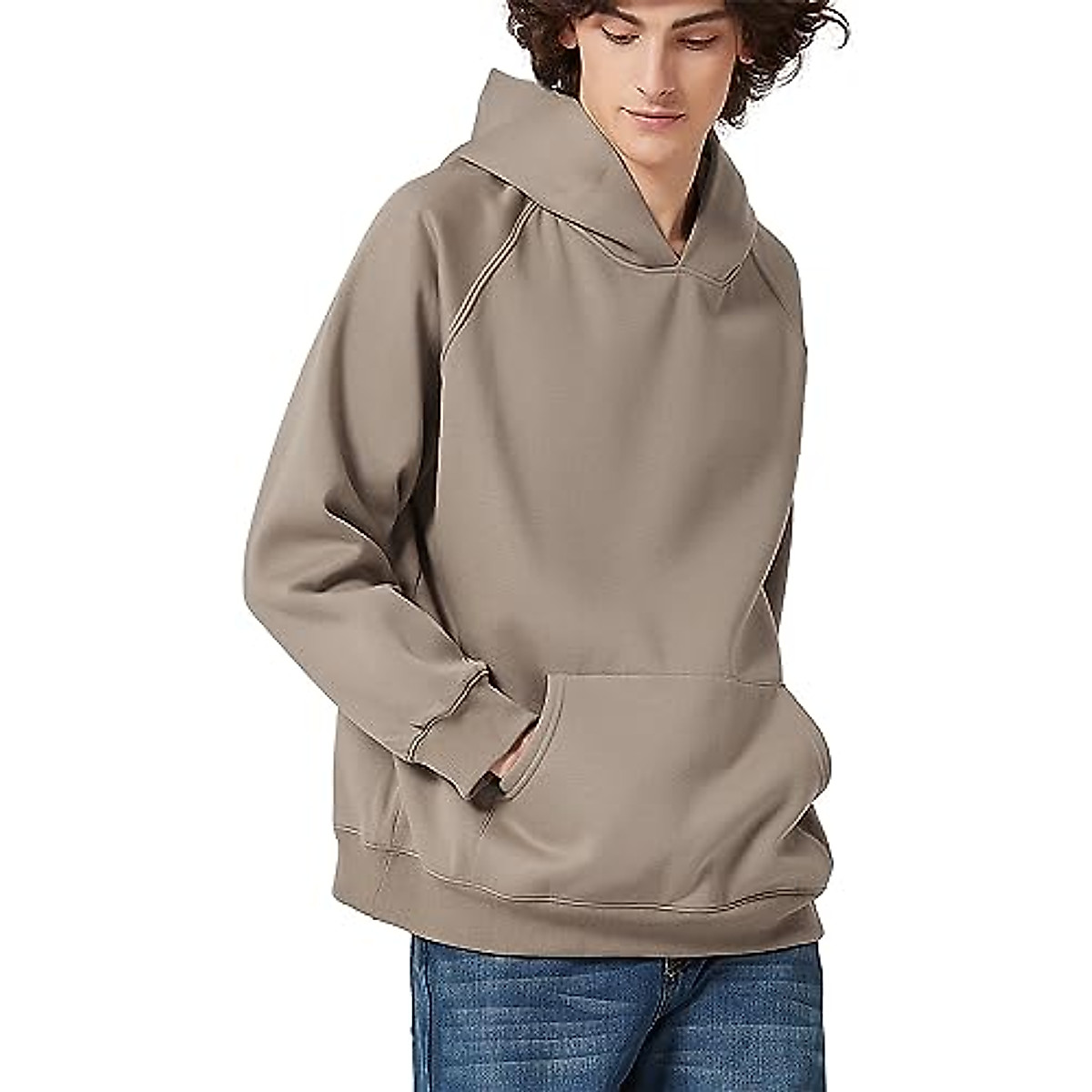 FLYCHEN Men's Solid Color Loose Hoodie Hip Hop Couples Long Sleeve Unisex Sweatshirt Khaki XL