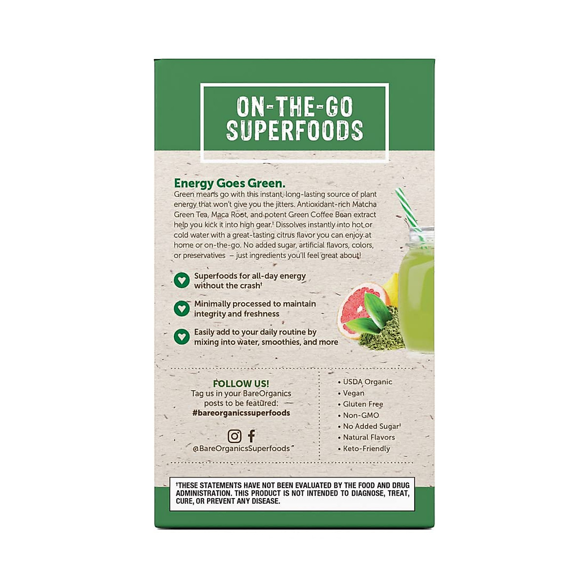 BareOrganics On-The-Go Energy Superfood Water Enhancer — Organic Energy Drink Mix, Set of 12 Packets