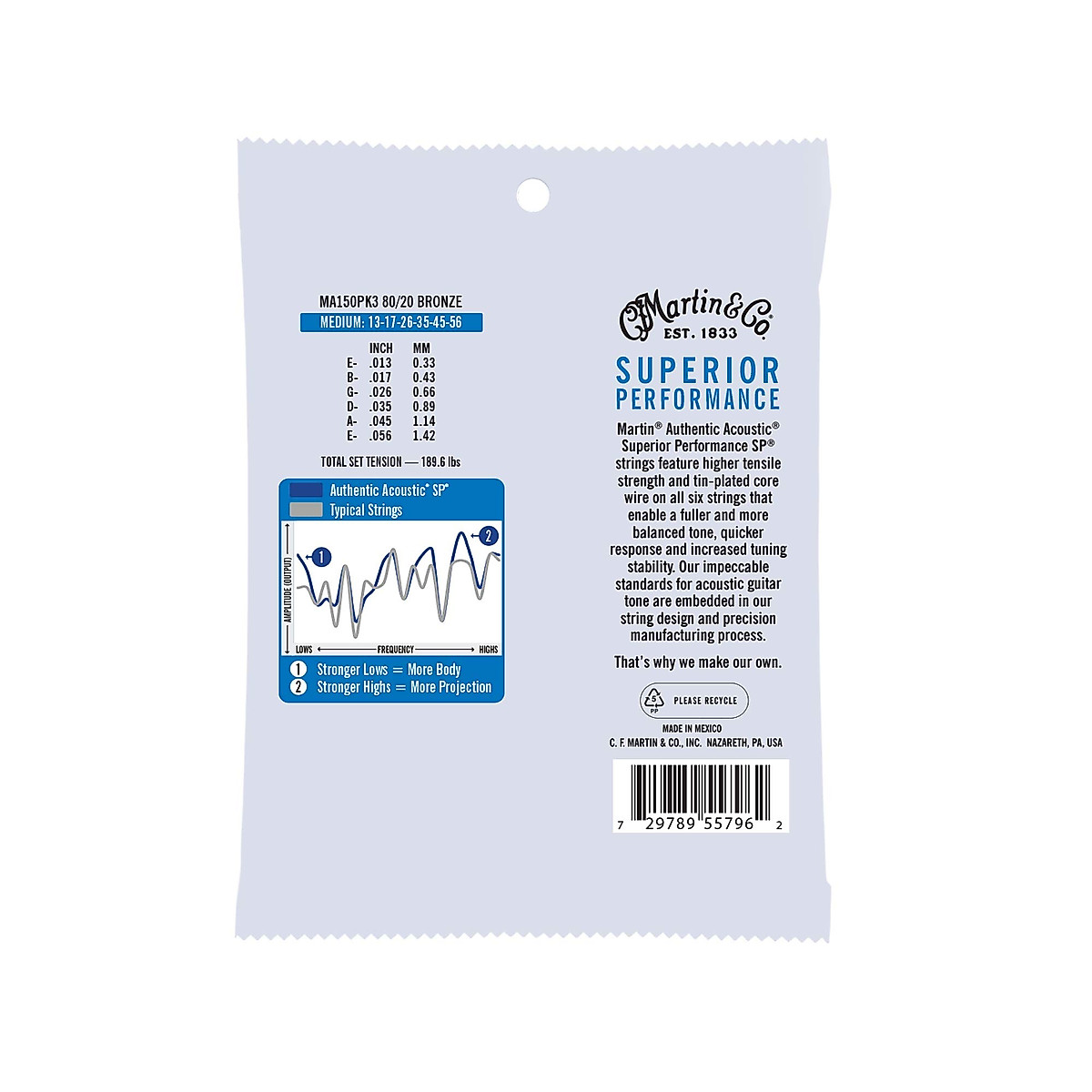 Martin Authentic Acoustic Guitar Strings, Superior Performance Medium 13-56, 80/20 Bronze, 3 Pack