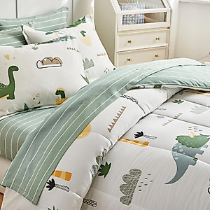Joyreap Bed in a Bag Cotton, Dinosaur Theme Fresh Green, Twin Size 6-Piece Cotton Bedding Comforter Set for Kids Boys n Girls- 1 Comforter, 2 Pillow Shams, 1 Flat Sheet, 1 Fitted Sheet, 1 Pillowcase