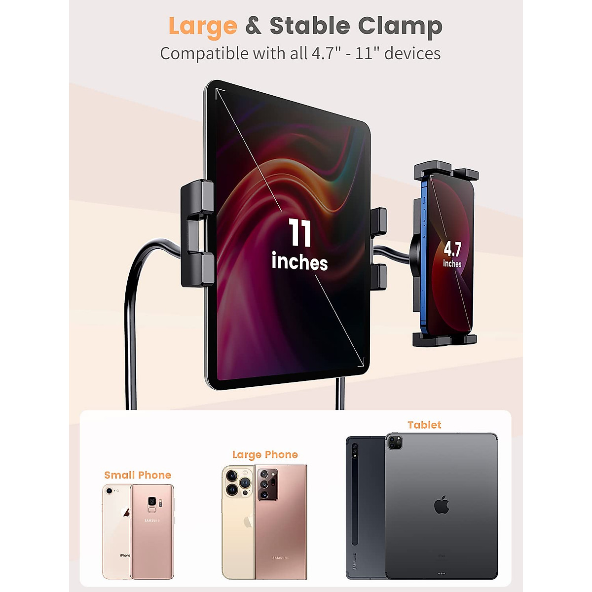 eSamcore Tablet Stand Holder, Gooseneck Phone Holder for Bed Cell Phone Stand for Desk Recording, Powerful Phone Grip Clamp Mount Compatible with All 4.7" - 11" Screen