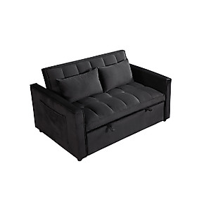 Keainvren Sleeper Sofa Velvet Pull Out Sofa Bed Convertible Sofa Couch Adjustable Backrest Loveseat Sofa Couch Side Pocket for Living Room, Office,Small Space-Black