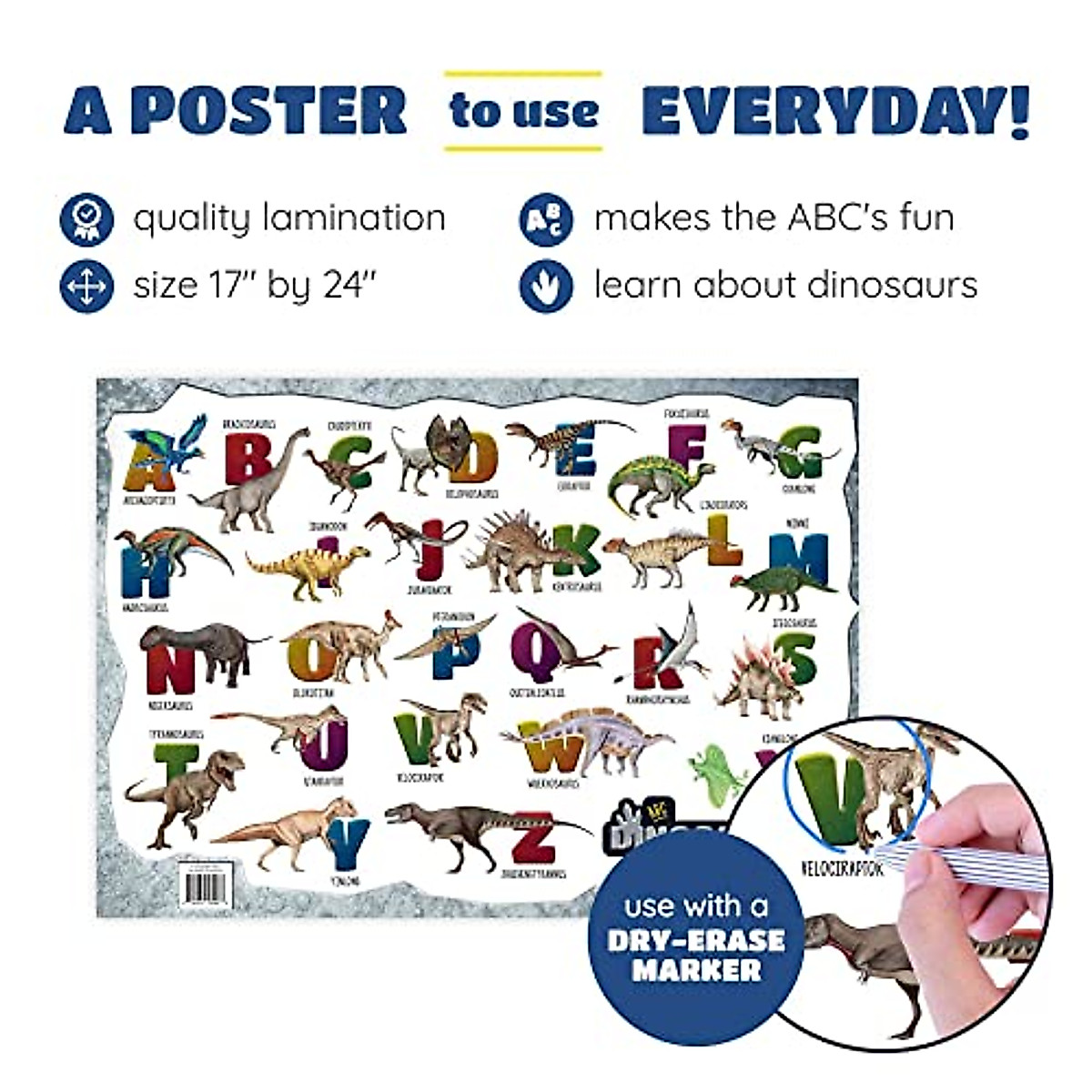 ABC Dinosaur Educational Poster for Kids Room & Classroom