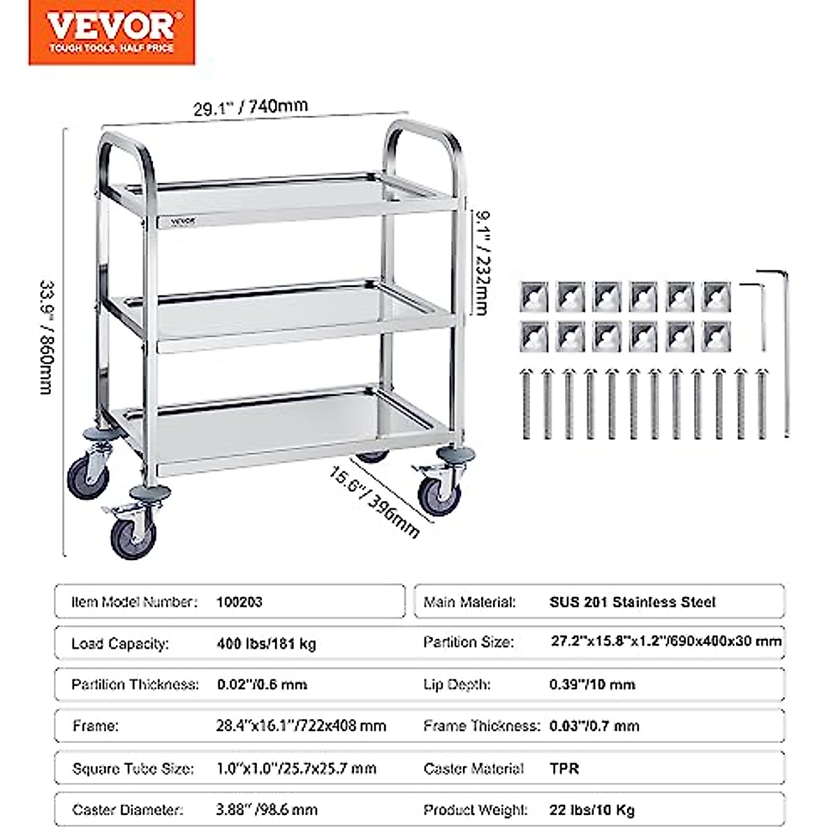 VEVOR Stainless Steel Cart, 3 Layers Lab Utility Cart 400 lbs Weight Capacity, Medical Cart with Lockable Universal Wheels, for Lab, Clinic, Kitchen, Salon