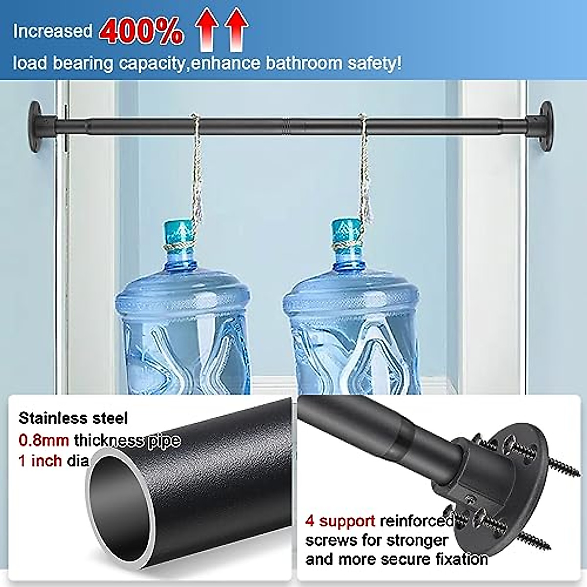 Matte Black Shower Curtain Rod - 28 to 48" Adjustable Non Slip Shower Rod Wall Mounted for Bathroom,Closet,Kitchen - Rustic Industrial Curtain Rod