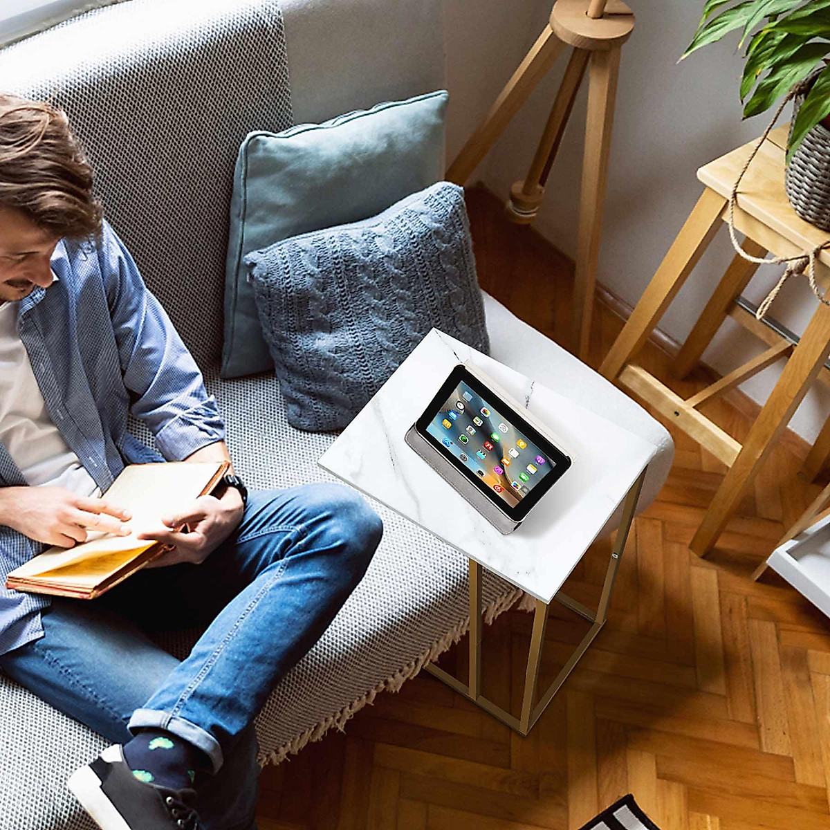 Possile C Shaped End Table Set of 2, Small Side Table for Sofa and Bed, Couch Tables That Slide Under, Snack Side Table for Living Room, Bedroom, White Faux Marble and Gold