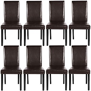Yaheetech Dining Chairs Side PU Cushion Chairs with Waterproof Surface and Wood Legs for Kitchen Restaurant and Living Room, Set of 8, Brown