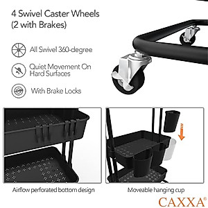 CAXXA 3-Tier Rolling Storage Organizer with 3 Small Baskets - Mobile Utility Cart with Caster Wheels (Black)