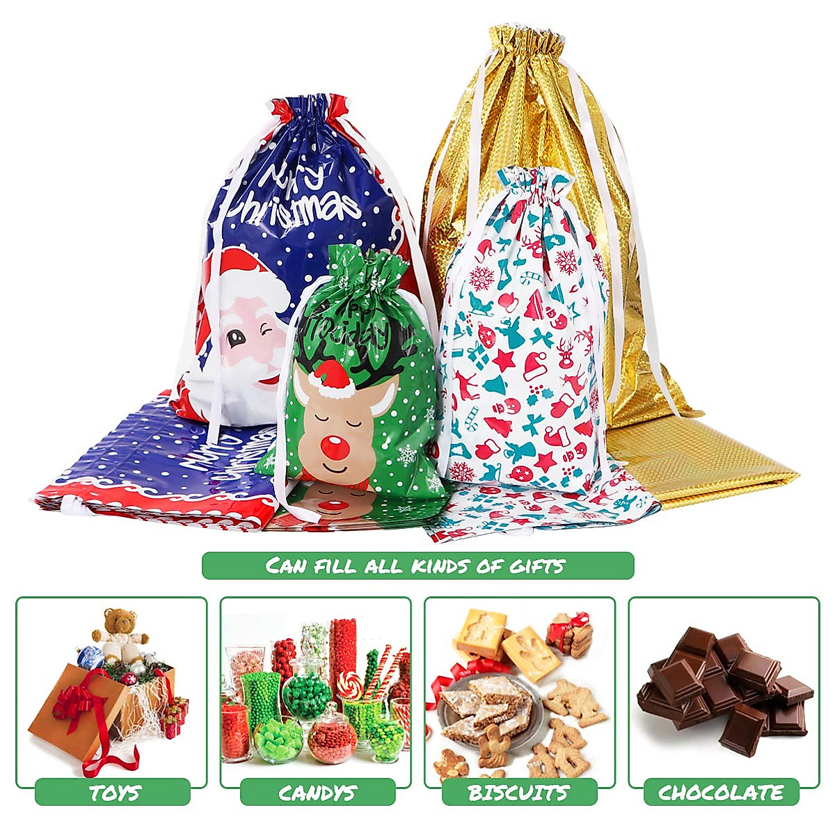 PRETYZOOM Amosfun Christmas Drawstring Gift Bags 30pcs Large Size Wrapping Upgraded Assorted Styles Santa 4 Sizes for Xmas Holiday Presents Party Favor Goody Bags with Ribbon Ties