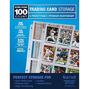 Samsill 100 Pack 9 Pocket Trading Card Sleeves, Holds 900 Cards,Clear, Fits in Standard 3 Ring Binder