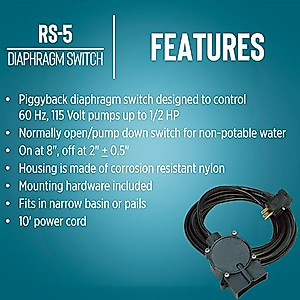 Little Giant RS-5 115-Volt Piggyback Diaphragm Pump-down Switch for Sump or Utility Pumps, 10-Ft. Cord, Black, 599008
