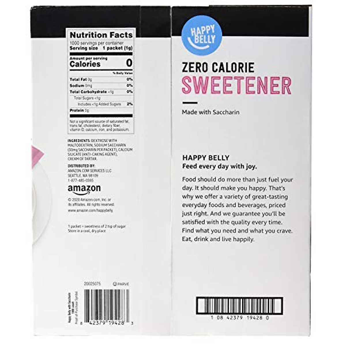 Amazon Brand - Happy Belly Zero Calorie Pink Saccharin Sweetener, Powder, Packet, 35.2 ounce (Pack of 1), (Previously Sugarly Sweet), 1000 Count