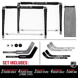 Franklin Sports NHL Mini Hockey Goal Set of 2 - Black - Includes Mini Hockey Goals, 4 Hockey Sticks, 2 Goalie Sticks, and 4 Foam Hockey Balls