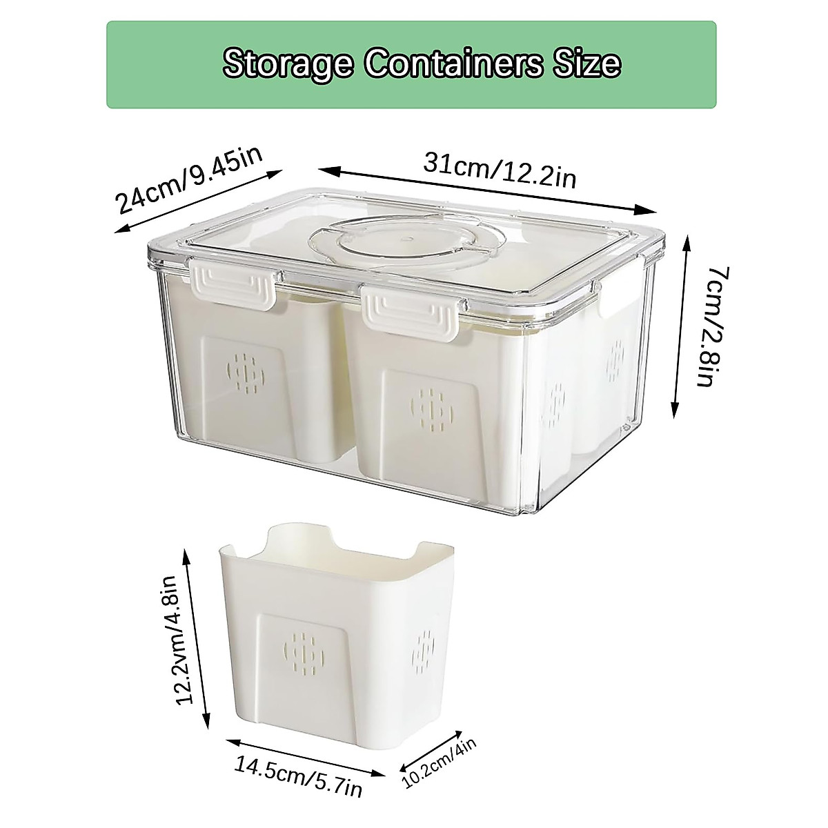 Airtight Fruit Storage Containers for Fridge with Lids, Food Storage Containers with Handle & 4 Removable Colanders, Refrigerator Organizers and Storage for Fresh Fruits, Vegetable Fresh Keeper
