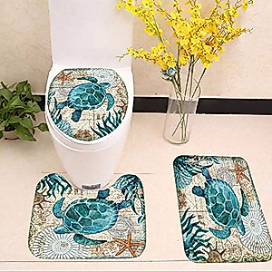 Nautical 5 Pcs Sea Turtle Shower Curtain Set with Rugs and Towels Include Non-Slip Rugs, Toilet Lid Cover and Bath Mat Ocean Waterproof Shower Curtain Sets with 12 Hooks