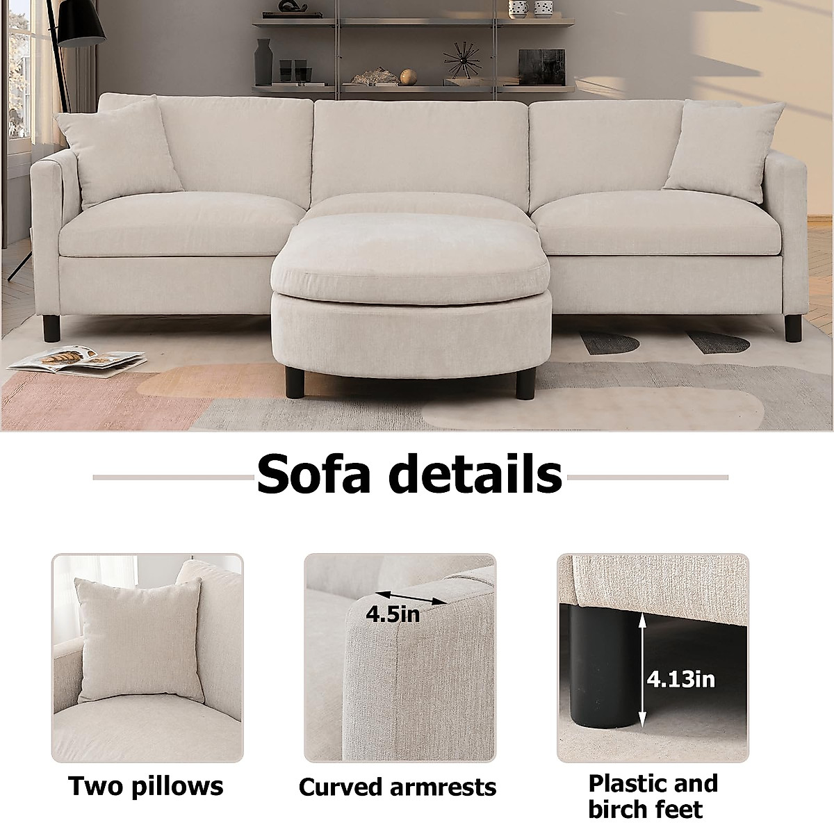 Hison 107" Convertible Sectional Sofa Couch 3 Seat L-Shaped Sofa with Ottoman and Two Pillows Space-Saving Sofas for Living Room,Dark Gray