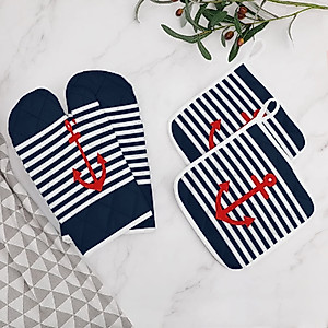 4PCS Oven Mitts Glove Kitchen Heat Resistant Pot Holders Set Navy Blue Nautical Kitchen Microwave Oven Gloves Mitts Anti-Scald Baking Cooking Gloves