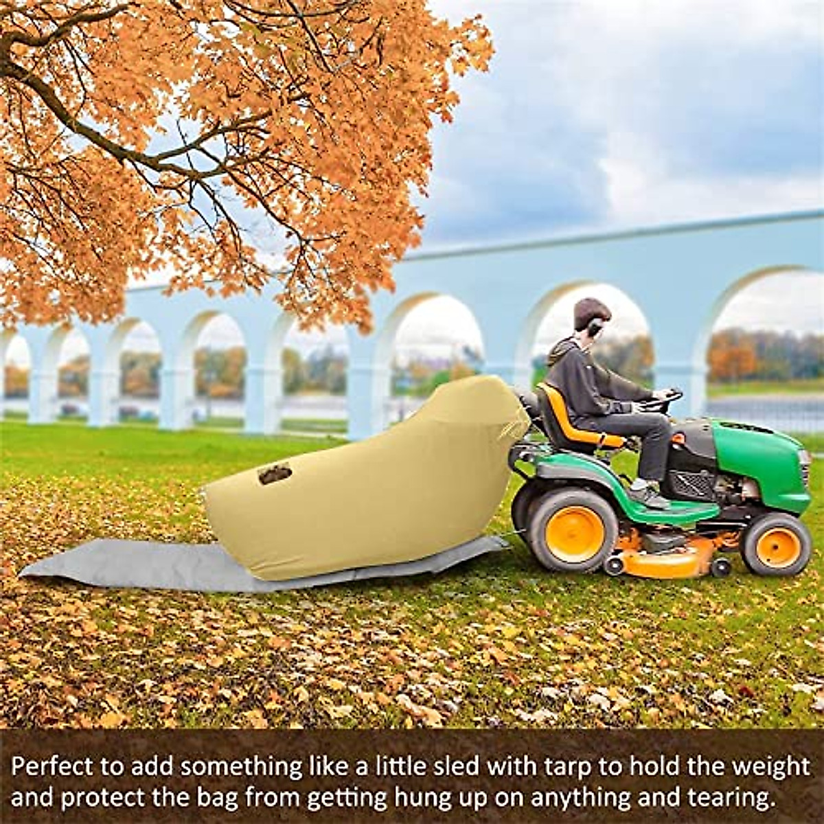 WHXHJ Tractor Leaf Bag Wear-Resistant Oversized, Garden Leaf Bag 80 × 51 Inch, 420D Oxford Cloth Wear-Resistant Lawn Mower Grass Catcher Bag for All Lawn Mower Tractor,Beige