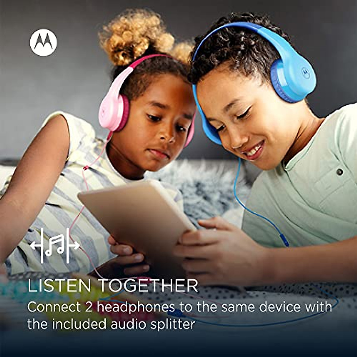 Motorola Moto JR300 Kids Bluetooth Headphones with Microphone - Lightweight Over Ear Wireless Headphones, Safe Volume Limit 85dB, Audio Splitter for Sharing - Ideal for School, Travel, Gaming - Pink