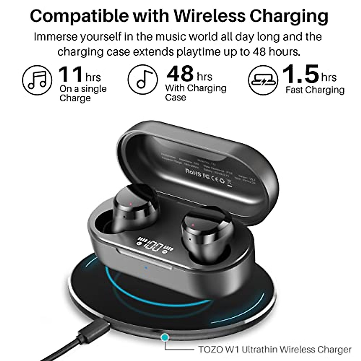 TOZO T12 2022 Wireless Earbuds Bluetooth 5.3 Headphones Premium Sound Performance Touch Control LED Digital Display Wireless Charging Case Earphones Dark Black