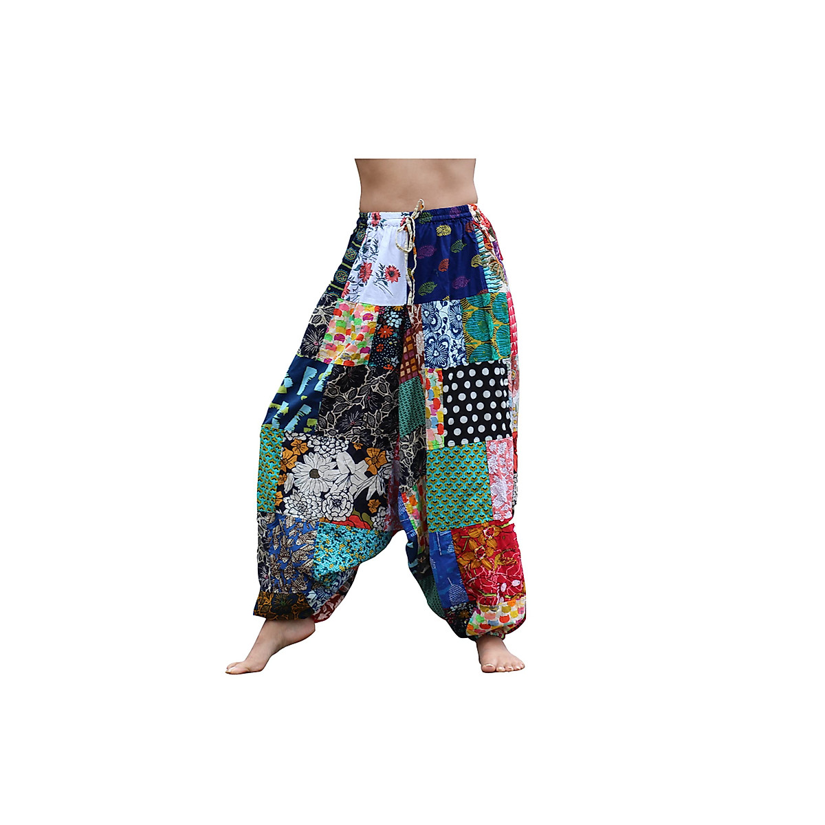 PEACH PEBBLE Women's Harem Pants 100% Cotton, Bohemian Yoga Boho Hippie Aladdin Colorful Patchwork Harem Pants, Soft Cotton Casual Fashion Women