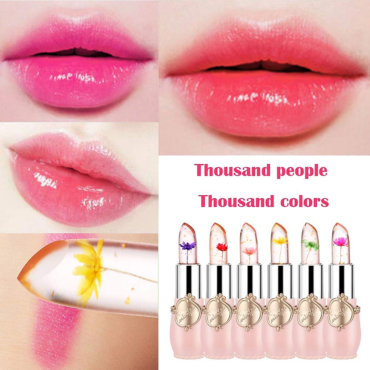 Eakroo Flower Lip Gloss Crystal Jelly Lipstick, 6 Packs Long Lasting Nutritious Lip Balm Lips Moisturizer Magic Temperature Color Change Lipgloss (pink)