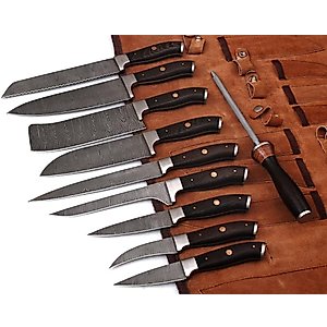 Handmade Damascus Kitchen Chef Knife Set - Professional Damascus Steel Knife Set - 10 pcs Japanese Damascus Knife Set With Leather Bag/Case(10801)