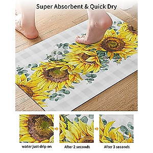 Sunflower Eucalyptus Bath Mat for Tub,Non Slip Bathroom Floor Runner Rug Quick Dry & Absorbent Diatomaceous Earth Shower Sink Kitchen Living Room Washable Doormat,Farmhouse Buffalo Plaid Grey 24"x36"