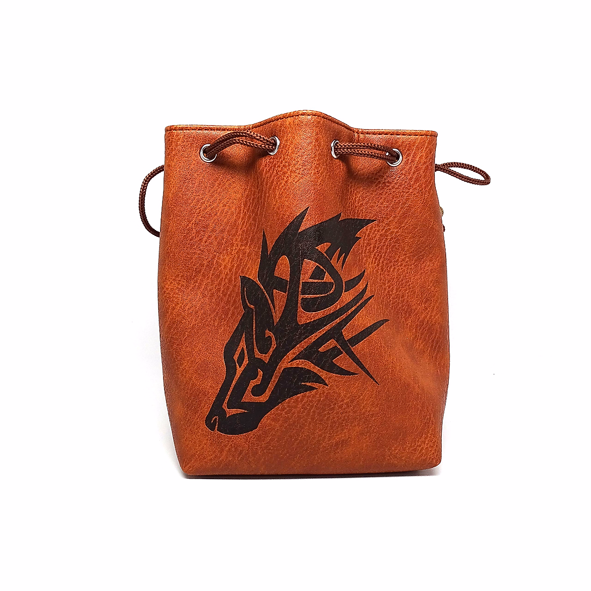 Brown Leather Lite Large Dice Bag with Wolf Design - Brown Faux Leather Exterior with Lined Interior - Stands Up on its Own and Holds 400 16mm Polyhedral Dice