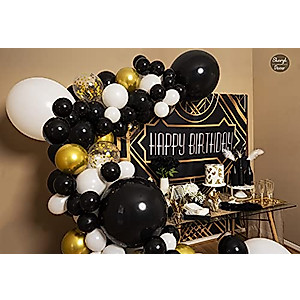 100pc EASY DIY – Black White Gold Balloon Garland Kit & Arch – Small and Large Black White and Gold Balloons with Confetti – Black and Gold Party Decorations for Graduations, New Years, Birthday