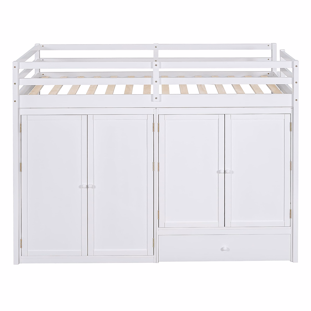 Merax Twin Size Wood Loft Bed with Drawer, Two Wardrobes, and Mirror, Wooden Bedframe with Ladder and Safety Guardrail for Boys Girls Adult, No Spring Box Needed, White