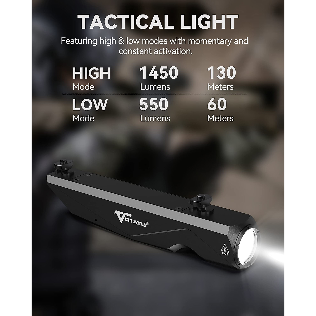 VOTATU ML40 1450 Lumens Weapon Light Compatible with M-Lok Rail Surface, Tactical Flashlight for Rifle, Strobe Function, Magnetic Rechargeable