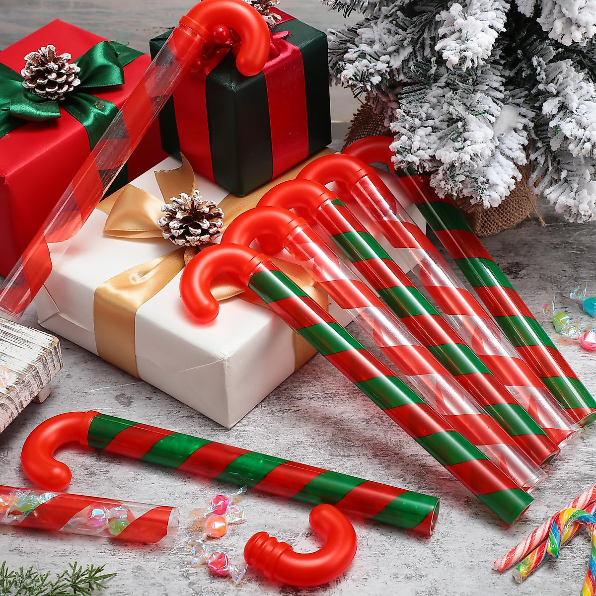 Soaoo 60 Pcs Christmas Candy Cane Shaped Tube Containers Bulk 12 Inch Empty Holiday Candy Tubes with Red Topper Christmas Plastic Crutch Container for Candy Chocolate Stocking Filler