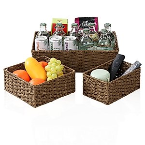 FairyHaus Handmade Wicker Storage Basket 3Pack, Recyclable & Renewable Paper Rope Small Wicker Baskets for Storage, Brown Woven Baskets Set for Organizing Rectangle