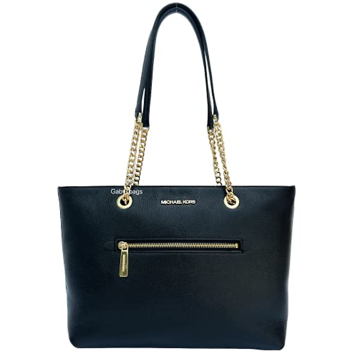 Michael Kors Jet Set Medium Front Pocket Chain Top Zip Tote Black Pebbled Leather