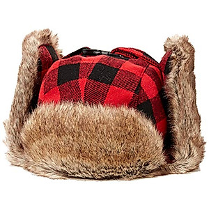 Amazon Essentials Men's Trapper Hat with Faux Fur, Red Buffalo Check, One Size