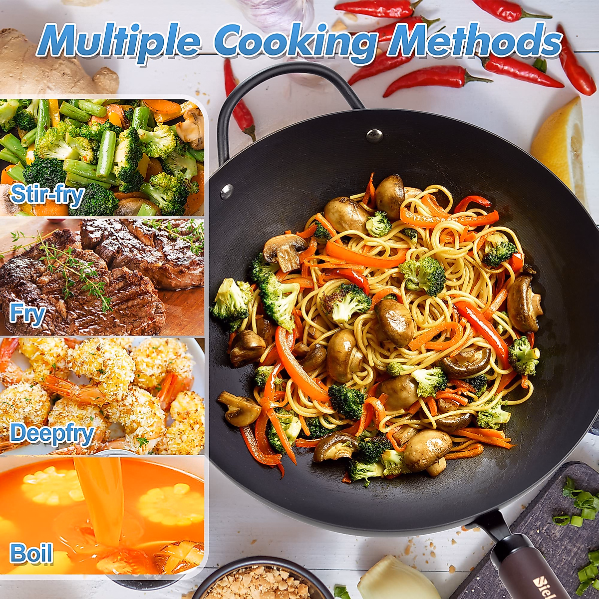 BIELMEIER Wok Pan with Lid， Versatile and Durable Carbon Steel Wok - Natural Non-Stick Woks and Stir Fry Pans, Flat Bottom Wok Suitable for All Cooktops - Perfect for Asian Cuisine
