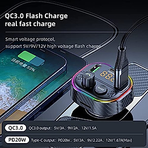 Bluetooth 5.1 FM Transmitter for Car, Bluetooth Car Adapter with PD20W+QC3.0 Car Radio Music Adapter, Supports Handsfree Call Siri Google Assistant, SD Card/U Disk, 7 Color LED Backlit, LED Voltmeter