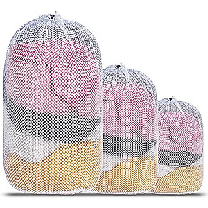 Drawstring Lingerie Laundry Wash bags Set for Delicates, Garments, Blouse, Sweaters, Bras, and Quilts, Set of 3, Include 3 different Type of size (Coarse hole)