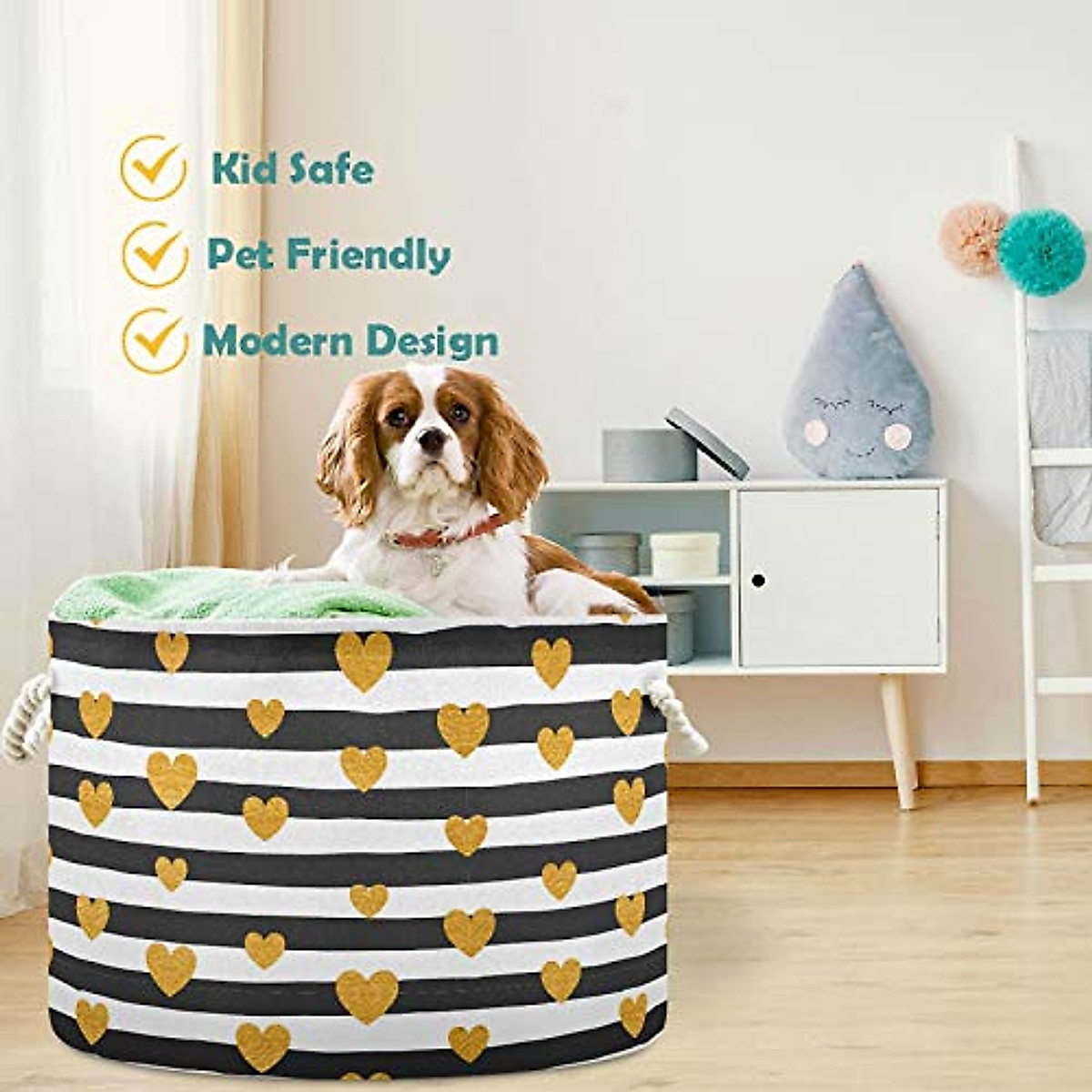 visesunny Collapsible Large Capacity Basket Gold Heart Black White Striped Clothes Toy Storage Hamper with Durable Cotton Handles Home Organizer Solution for Bathroom, Bedroom, Nursery, Laundry,Closet