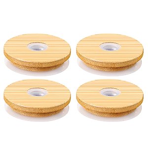 Febflo Bamboo Lids for Glass Cups with Straw Hole, 2.75inch/70mm Wooden Lids for 16OZ Beer Can Cups, Replacement for Regular Mouth 20 24 OZ Cups, 4 Pack