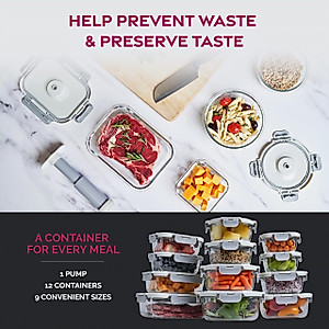 FineDine Vacuum Seal Glass Food Storage Containers With Hand Pump, 25 Piece Set, Airtight Pantry Kitchen Storage Containers w/Lids, Meal Prep Containers for Lunch, Leftovers