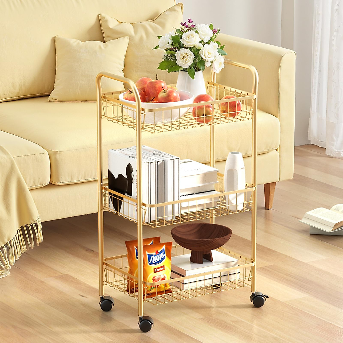 MNOPQ 3 Tier Rolling Utility Cart, Storage Trolley Service Cart with Wheels Easy Assembly for Kitchen, Living Room, Office, Salon, Gold